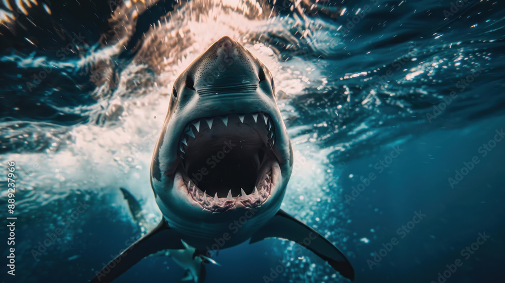 Shark swimming forward, seen from below, with its dangerous mouth wide ...