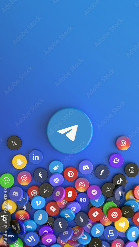 3d round badge with Telegram icon surrounded by many plates with the ...