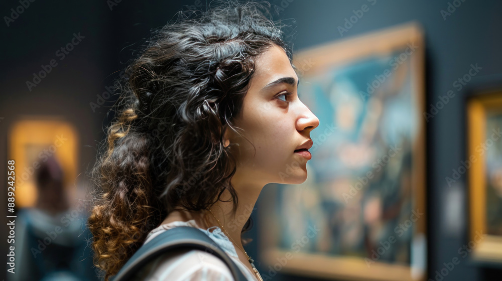 Woman with a contemplative look, visiting an art gallery and studying a ...