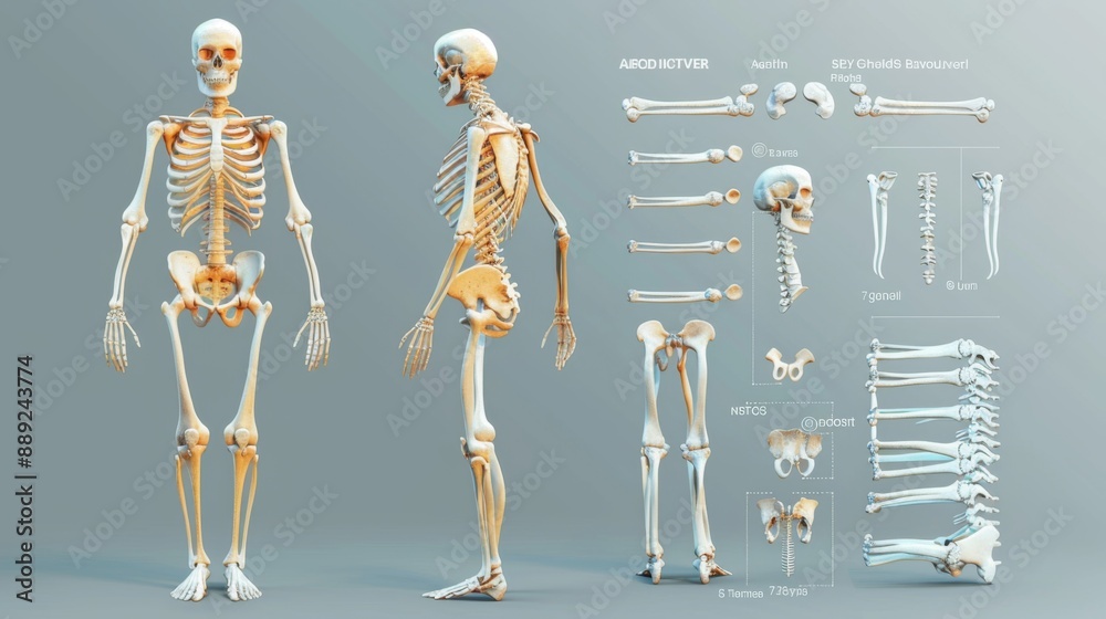 Medical illustration showing the skeletal structure of the human body ...