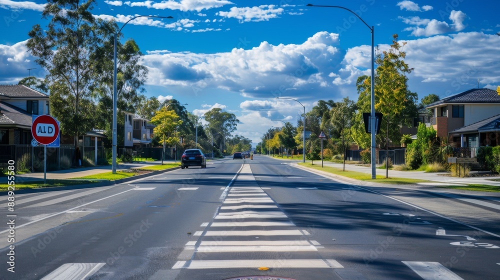Traffic signs and road markings on a suburban street, guiding drivers ...