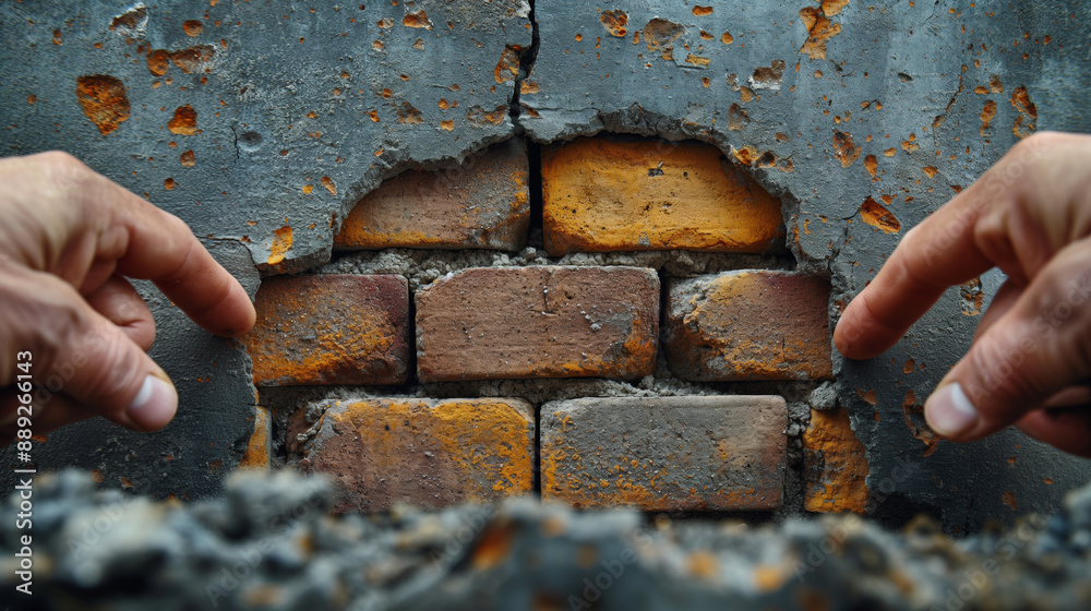 Closeup of hands peeking through an opening in the wall, depicting ...