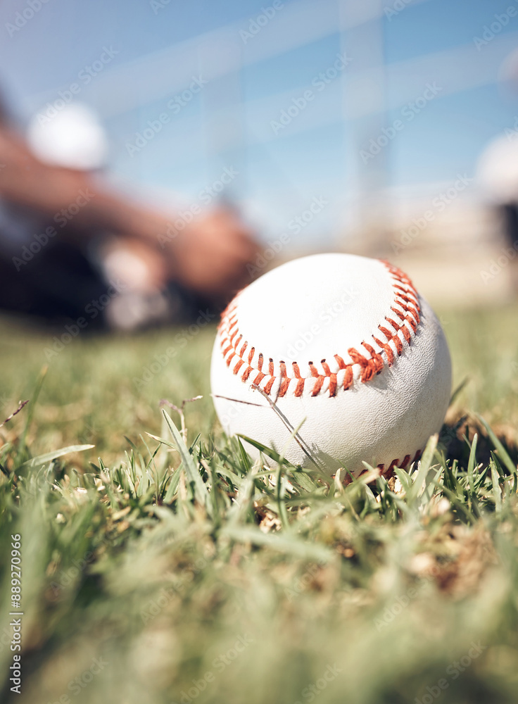 Grass, baseball and ball on field for game, competition and pitch for ...