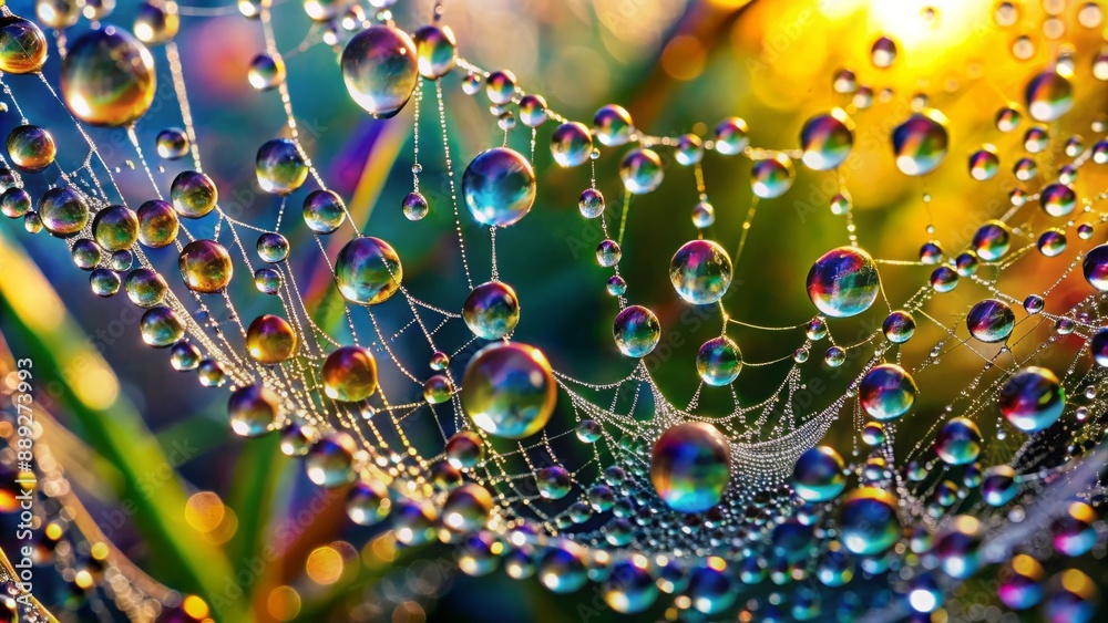 Morning dew droplets on intricate spider web sparkle like tiny prisms ...