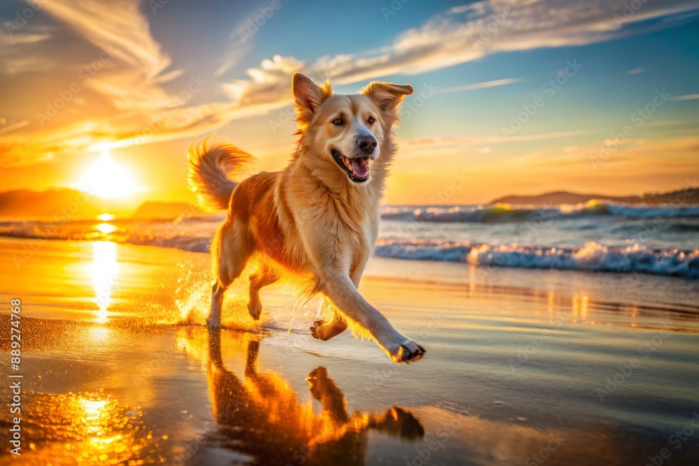 Joyful canine dashes along sun-kissed shoreline, paws kicking up sand ...