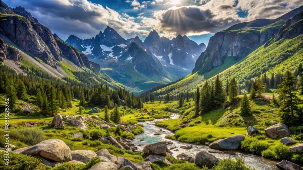 Scenic mountain valley with rocky terrain, lush greenery, and majestic ...
