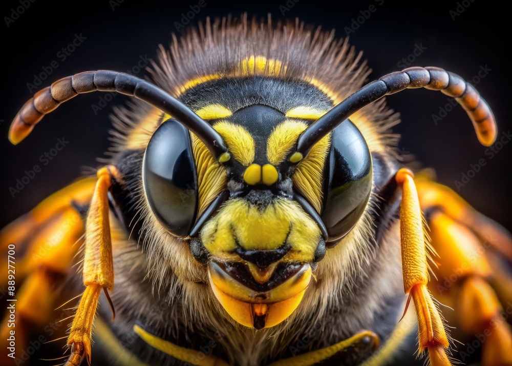Vibrant yellow and black striped wasp's intricate facial features and ...