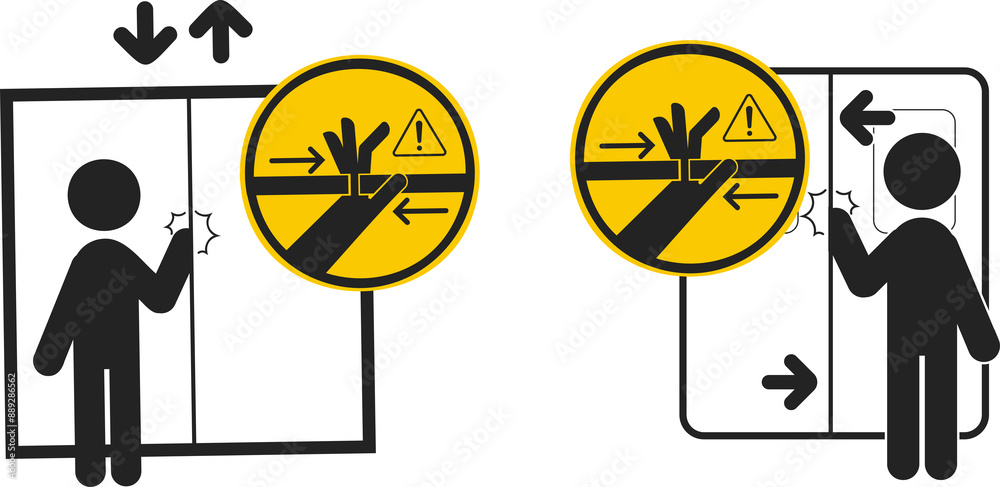 Bundle set pictogram sign hand pinch risk on closing door, for lift ...