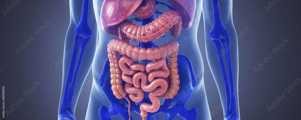 Illustrate the human digestive system superimposed on a human figure ...