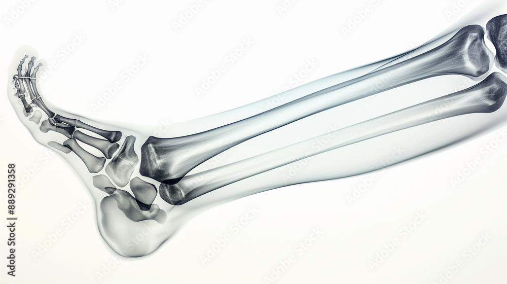 X-ray of a foot, revealing the intricate structure of bones, a detailed glimpse into the hidden ...