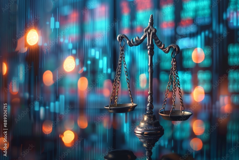 Stock market graph with scales of justice in focus, aged bronze scale ...