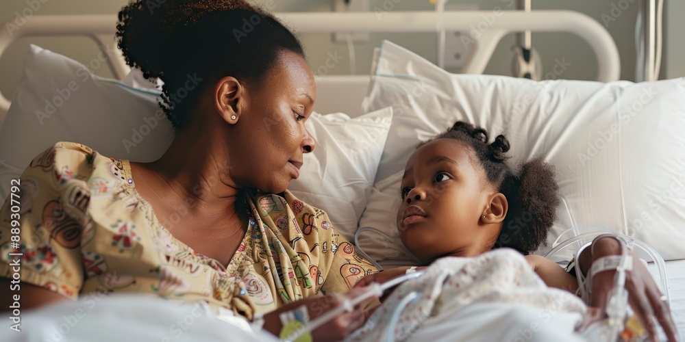 A sick girl in bed while her mother takes her temperature. Young ...