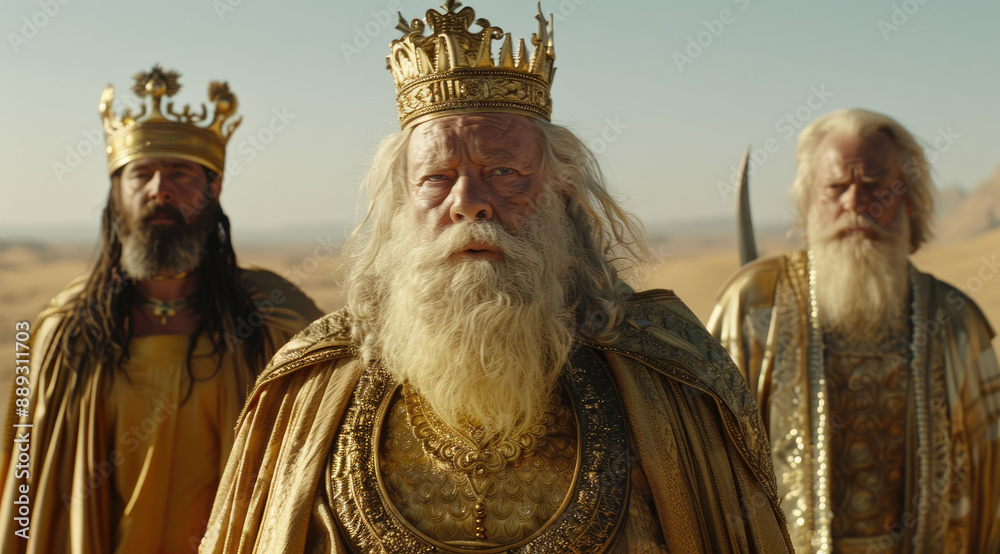 three kings, the king in front is old and has a long white beard ...