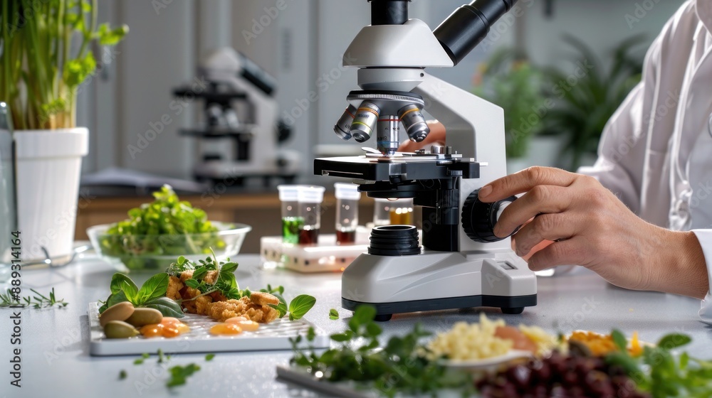 An inspector examining food samples under a microscope in a laboratory ...