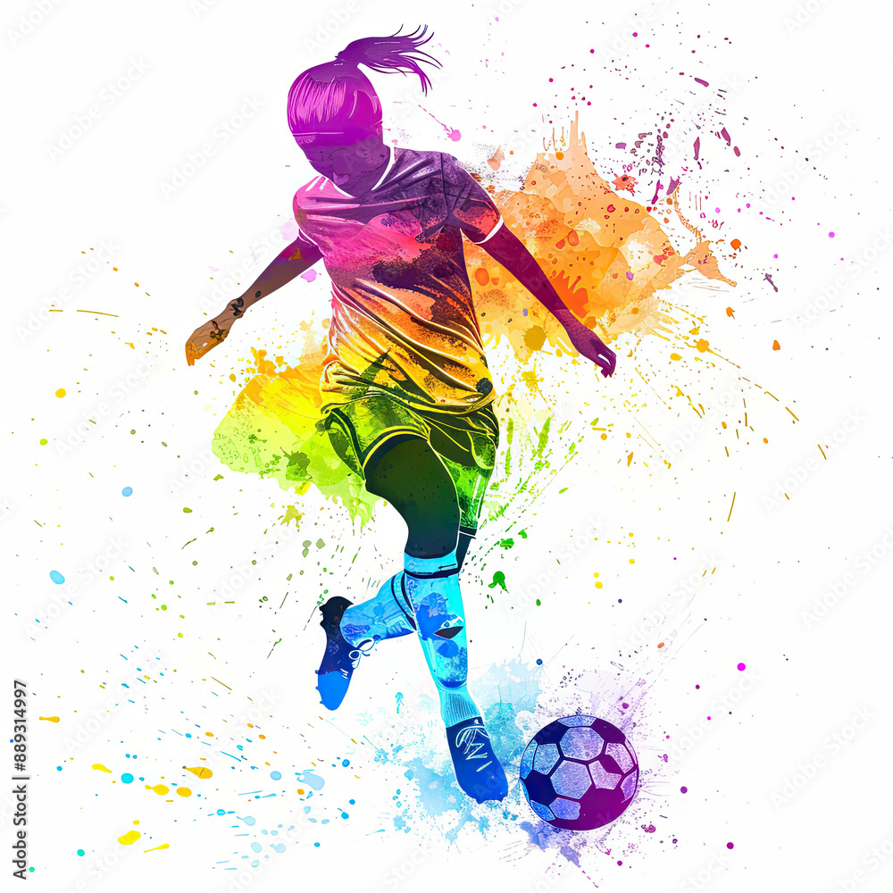 vibrant watercolor illustration of a soccer player dribbling the ball ...