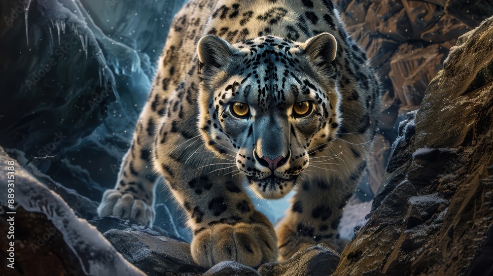 snow leopard prowls through a frozen landscape, its piercing eyes ...