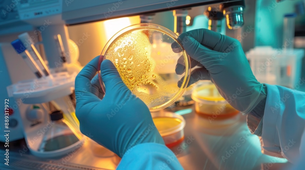 A laboratory technician using a petri dish to test for bacterial ...