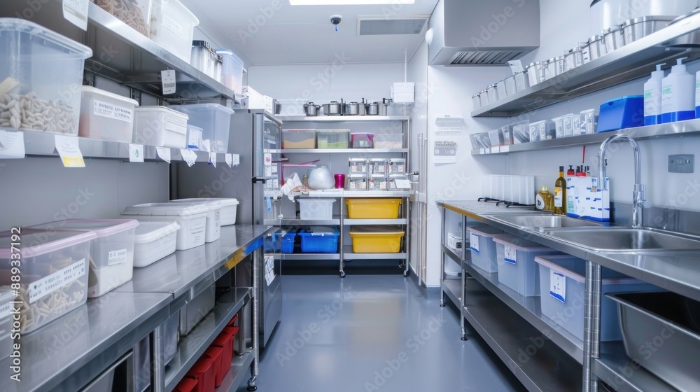 A clean and organized commercial kitchen with labeled containers and ...