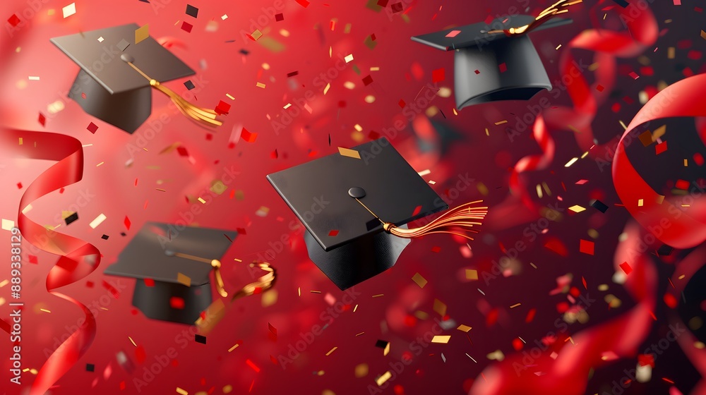 Graduation. Transparent background with realistic flying black degree ...