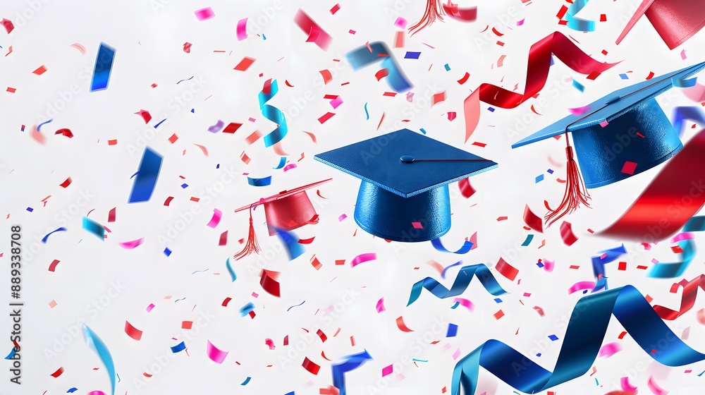 Graduation. Transparent background with realistic flying black degree ...