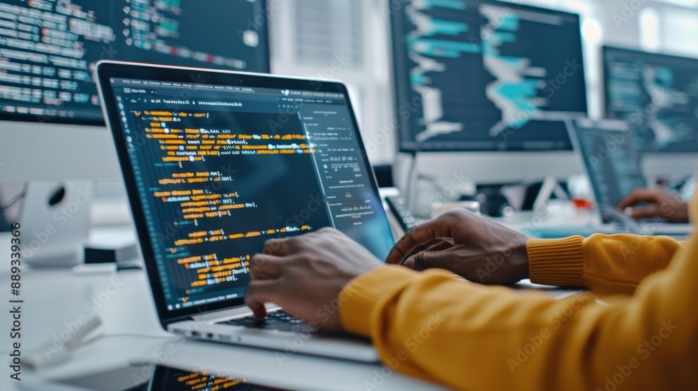 Software developer coding on a laptop with multiple screens displaying ...