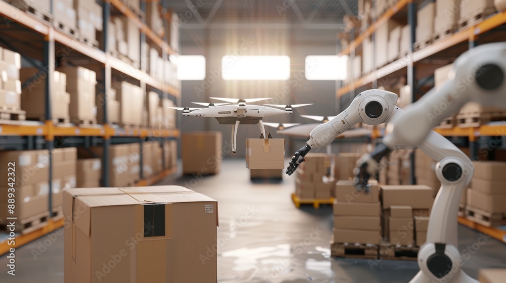 A high-tech warehouse with robotic arms loading and unloading packages ...