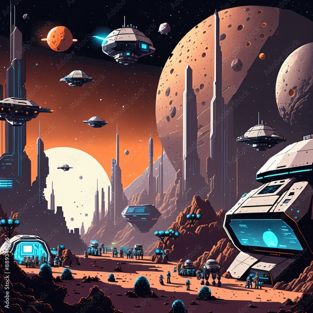 A futuristic scene in pixel art style, featuring a bustling space ...