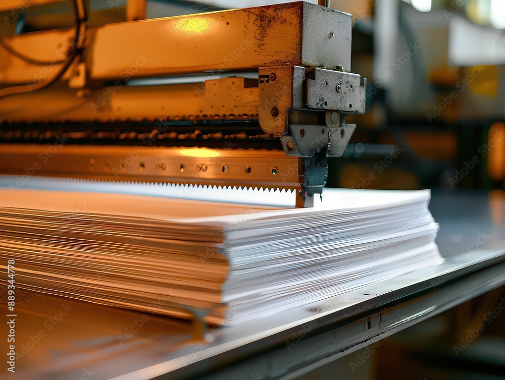 Show a paper cutter slicing through a stack of papers, with a clean ...