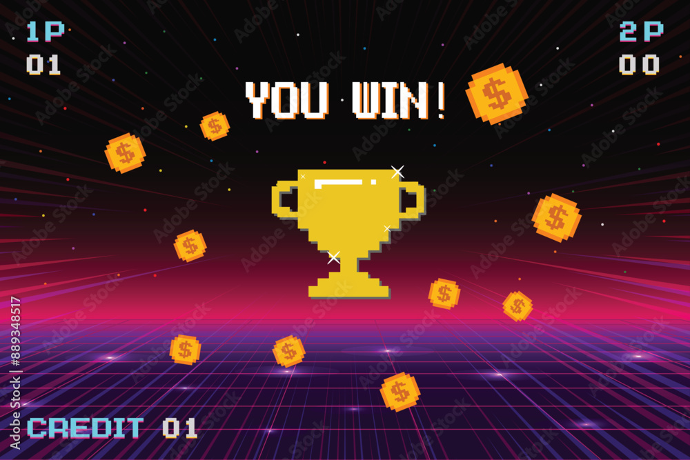 8-bit pixel art with text "You Win" and a big golden cup and gold coin ...