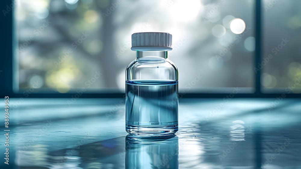Clear glass medicine bottle, transparent liquid, white cap, soft blue ...
