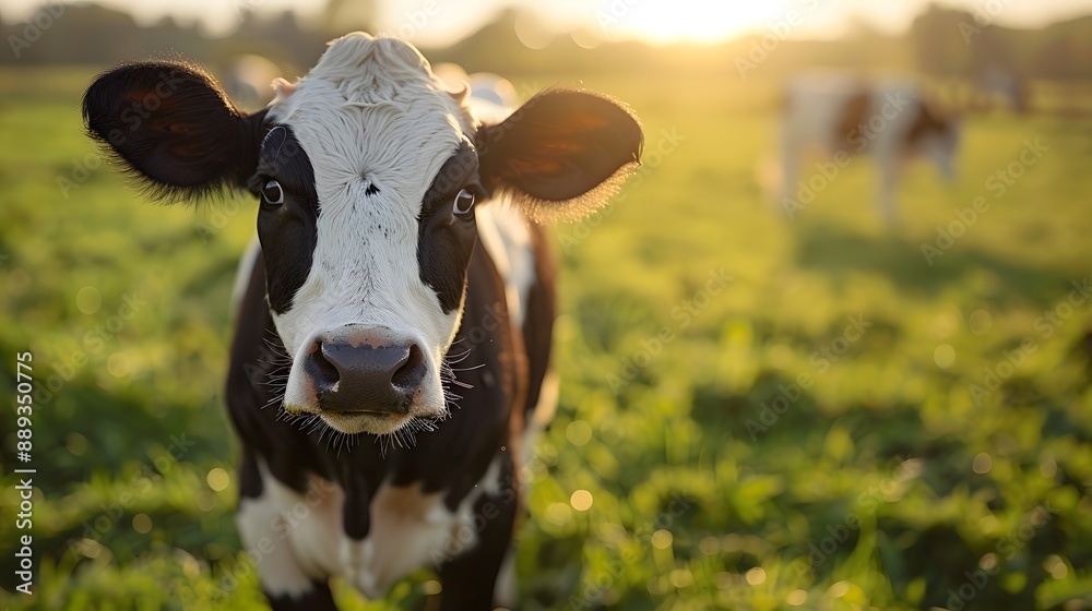 Dairy cow portrait, single cow in foreground, sunlit meadow, golden ...