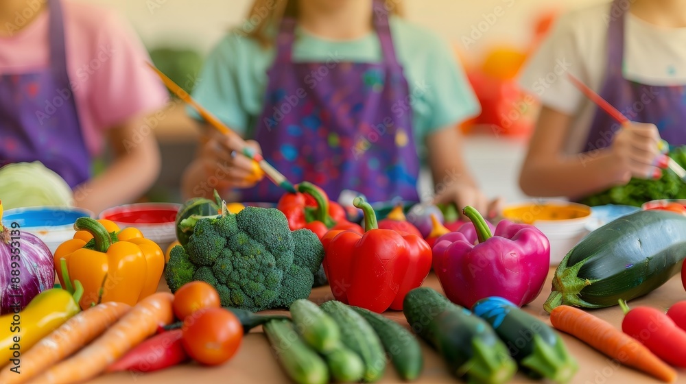 children painting vegetables in art class, creative kids, colorful ...