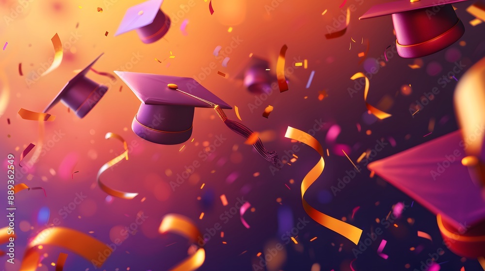 Graduation. Transparent background with realistic flying black degree ...
