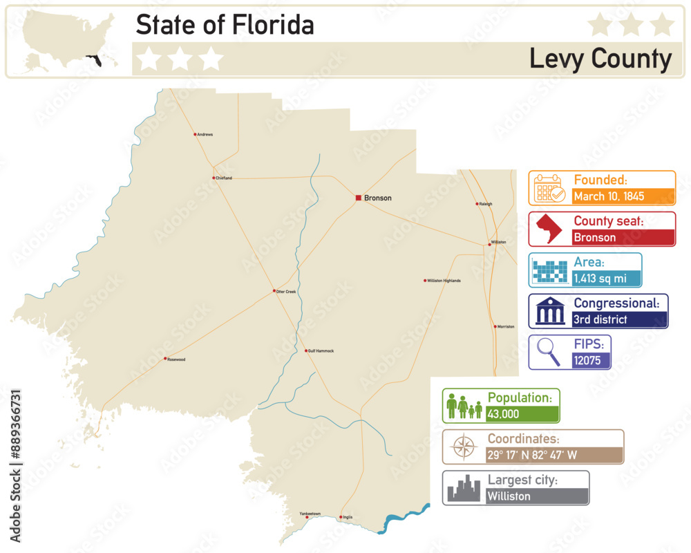 Detailed infographic and map of Levy County in Florida USA. Stock ...