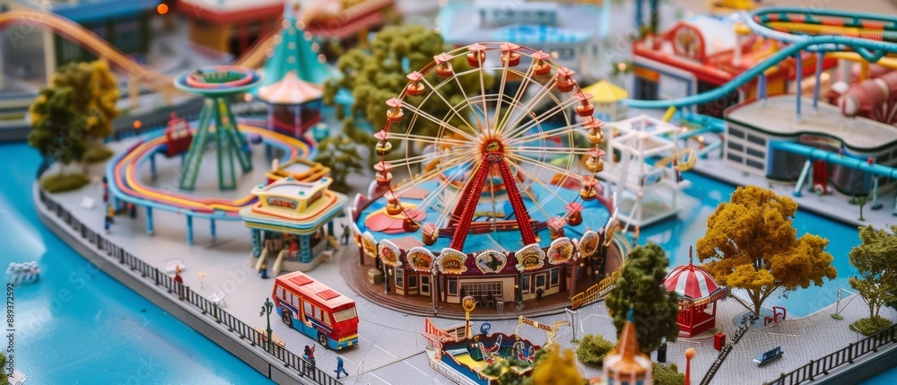 Detailed Miniature Amusement Park Model Featuring Various Attractions ...