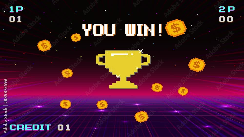 8-bit pixel art with text "You Win" and a big golden cup and gold coin ...
