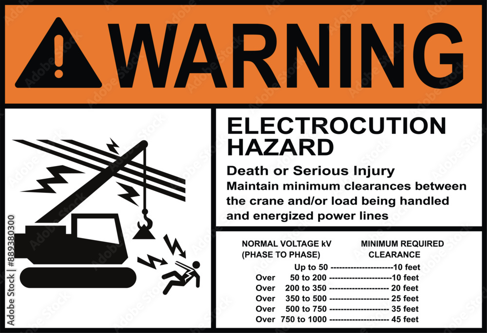 Danger electrocution hazard keep crane away sign with symbol. Caution ...