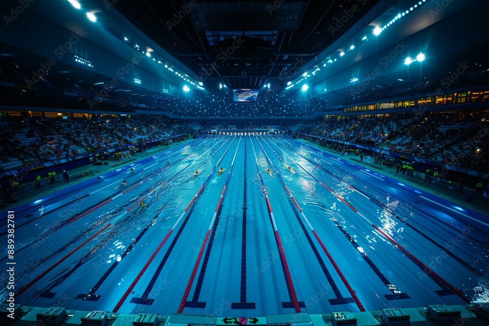 An aerial view of swimmers diving into the pool at the Aquatics Center ...