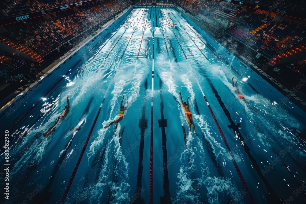 An aerial view of swimmers diving into the pool at the Aquatics Center ...