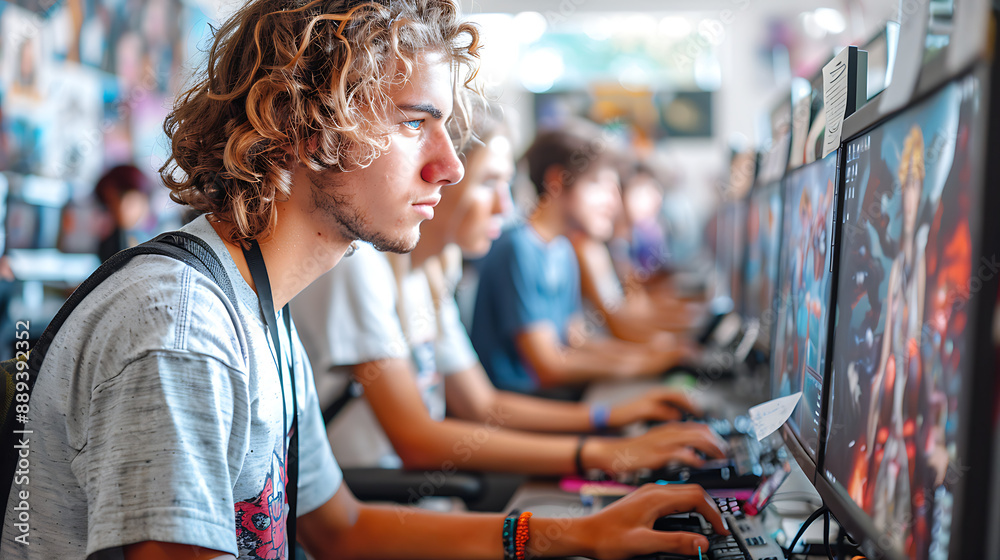 Hyper-realistic image of a digital art class with students working on ...