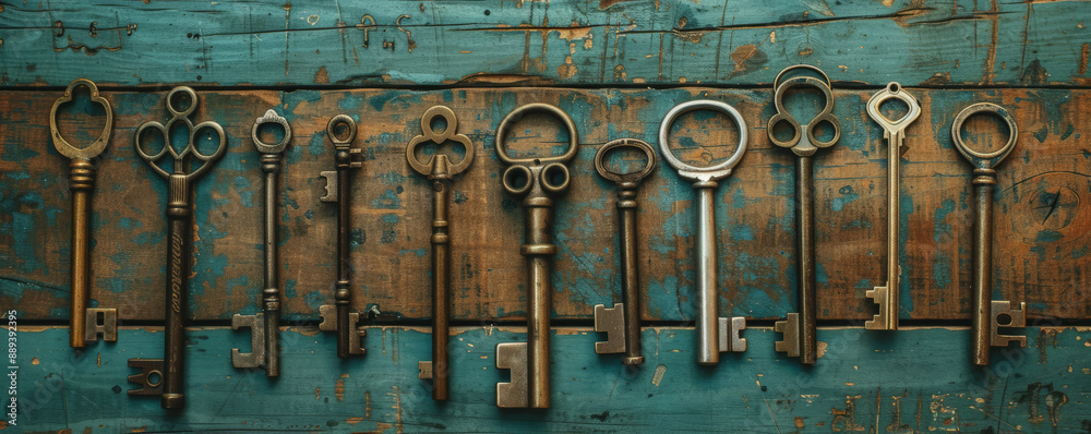 A collection of different vintage keys laid out on an antique wooden ...