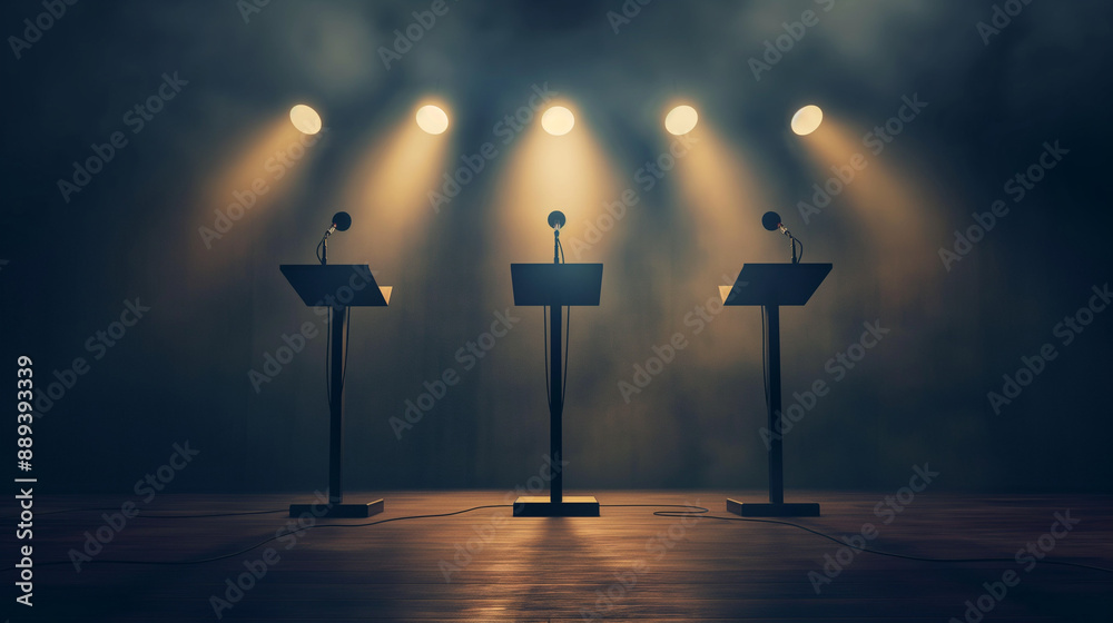 Debate or speech stage with microphones under a spotlight. Business ...