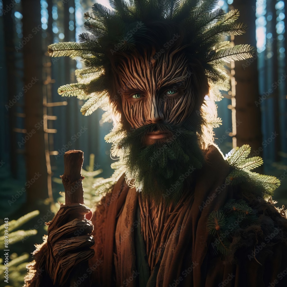 The image portrays a mystical being, part human, part tree, standing as ...