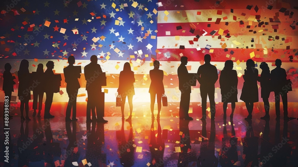 American Workforce Silhouettes in Front of Flag - A diverse group of ...