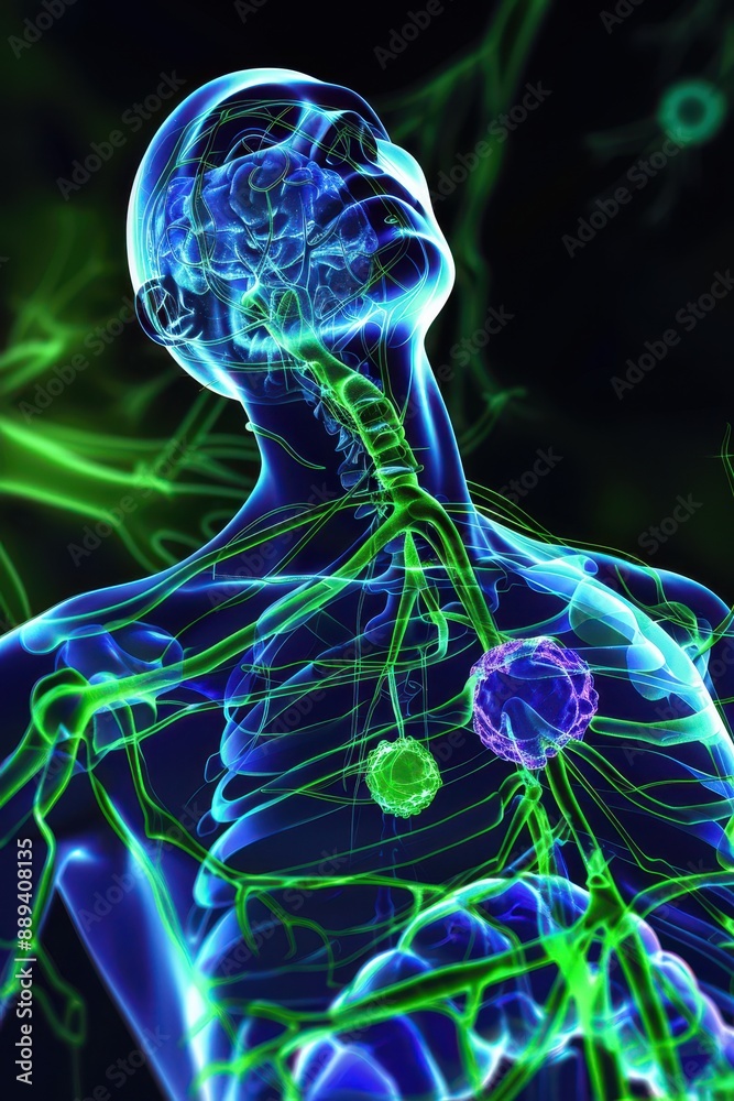 A man's body is shown in a green and blue color scheme, with the veins ...