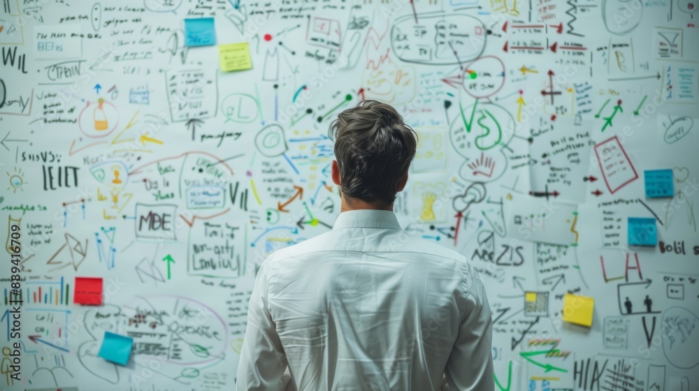 Person looking at a whiteboard full of annotations and arrows, showing ...