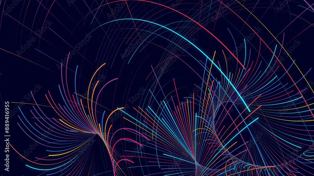 Emitter curved blue red lines. 3d abstract bg with glow particles form ...