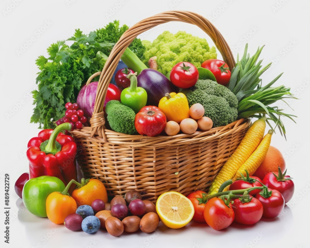 Colorful assorted fresh fruits and vegetables overflow from a wicker basket set against a ...