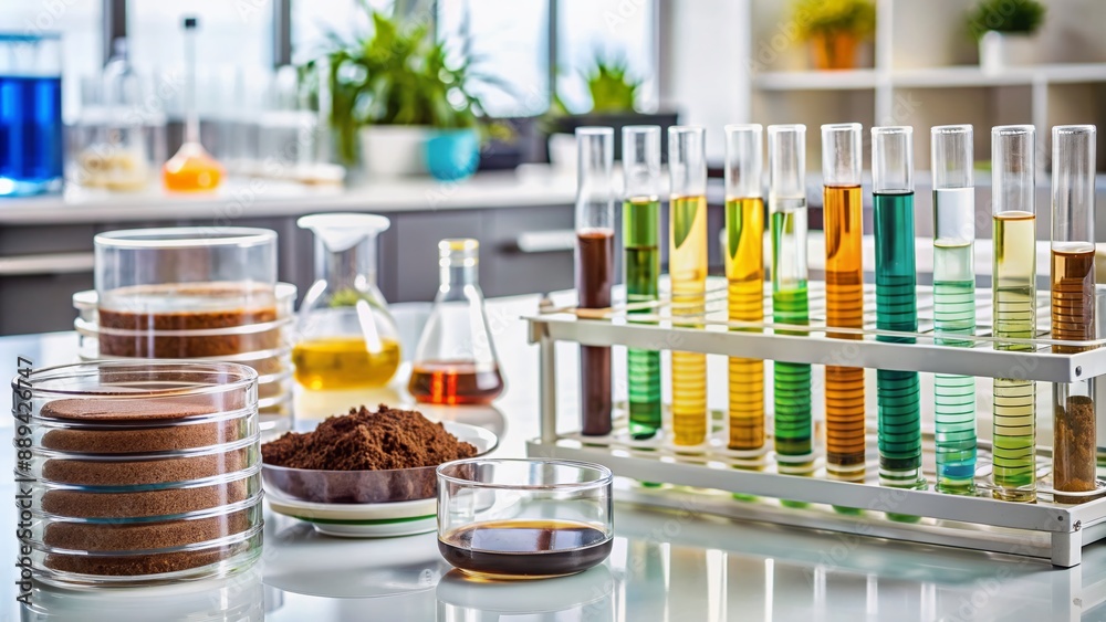 Laboratory setup for soil analysis with litmus strips, petri dishes ...