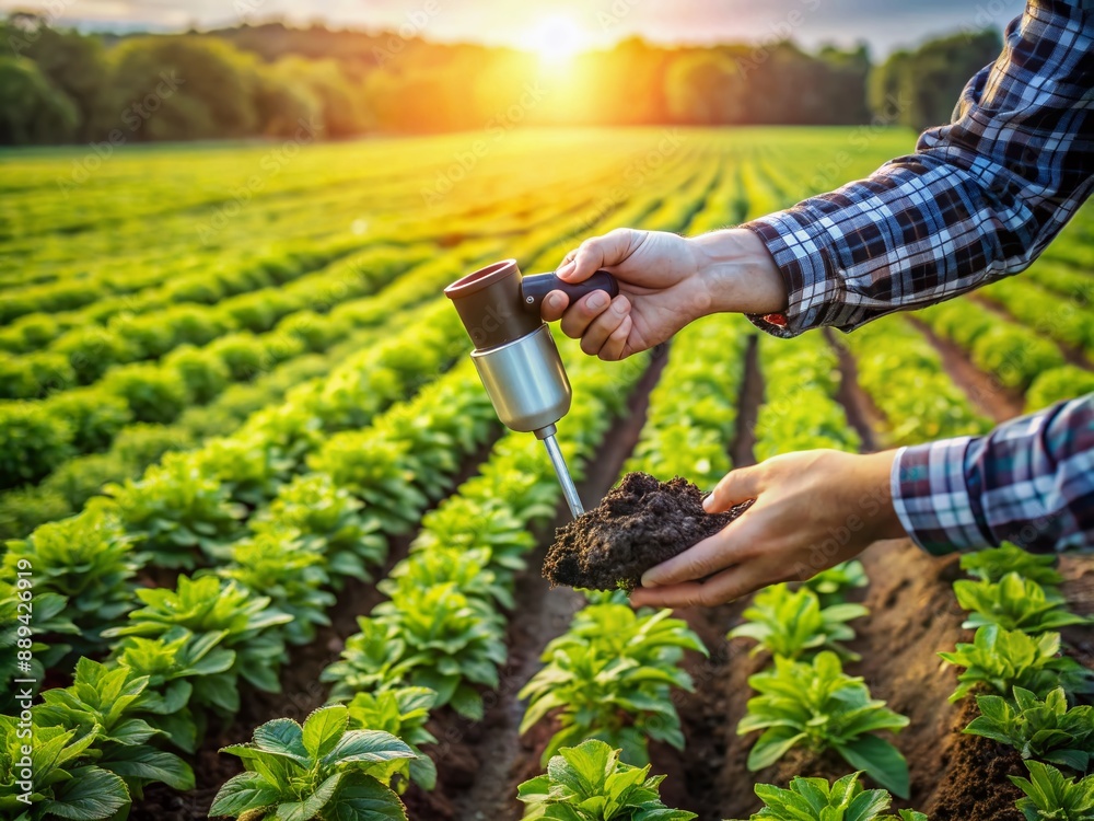 Aerial view of farmer's hand holding advanced soil testing device ...